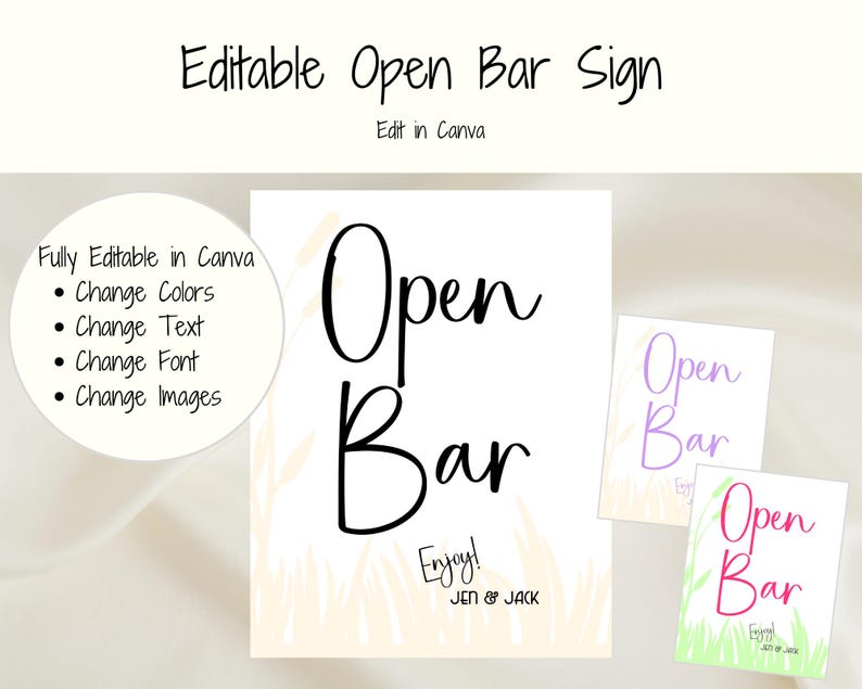 Customizable Open Bar Sign Template for Wedding Reception With Grass ...