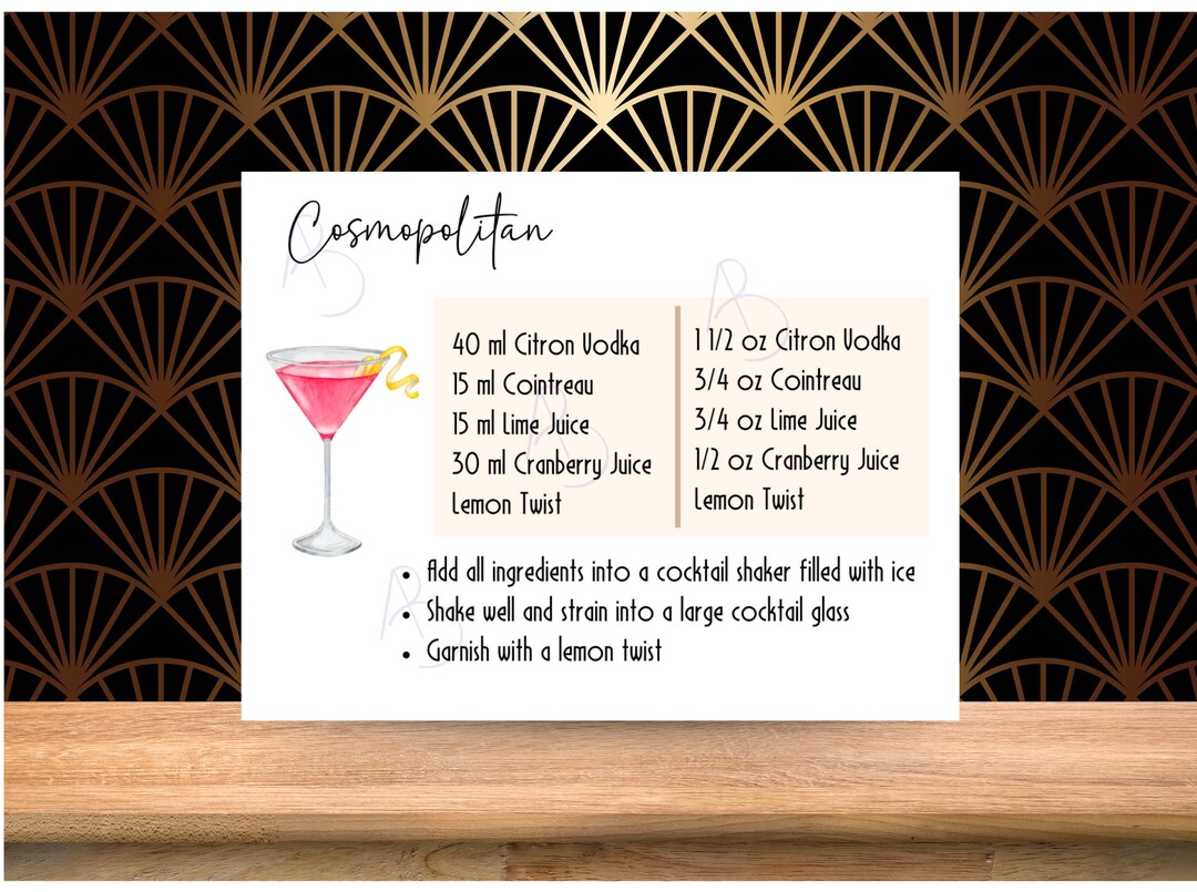 Cosmopolitan Recipe Card for Bachelorette Gift, Bar Cart Accessory, and ...