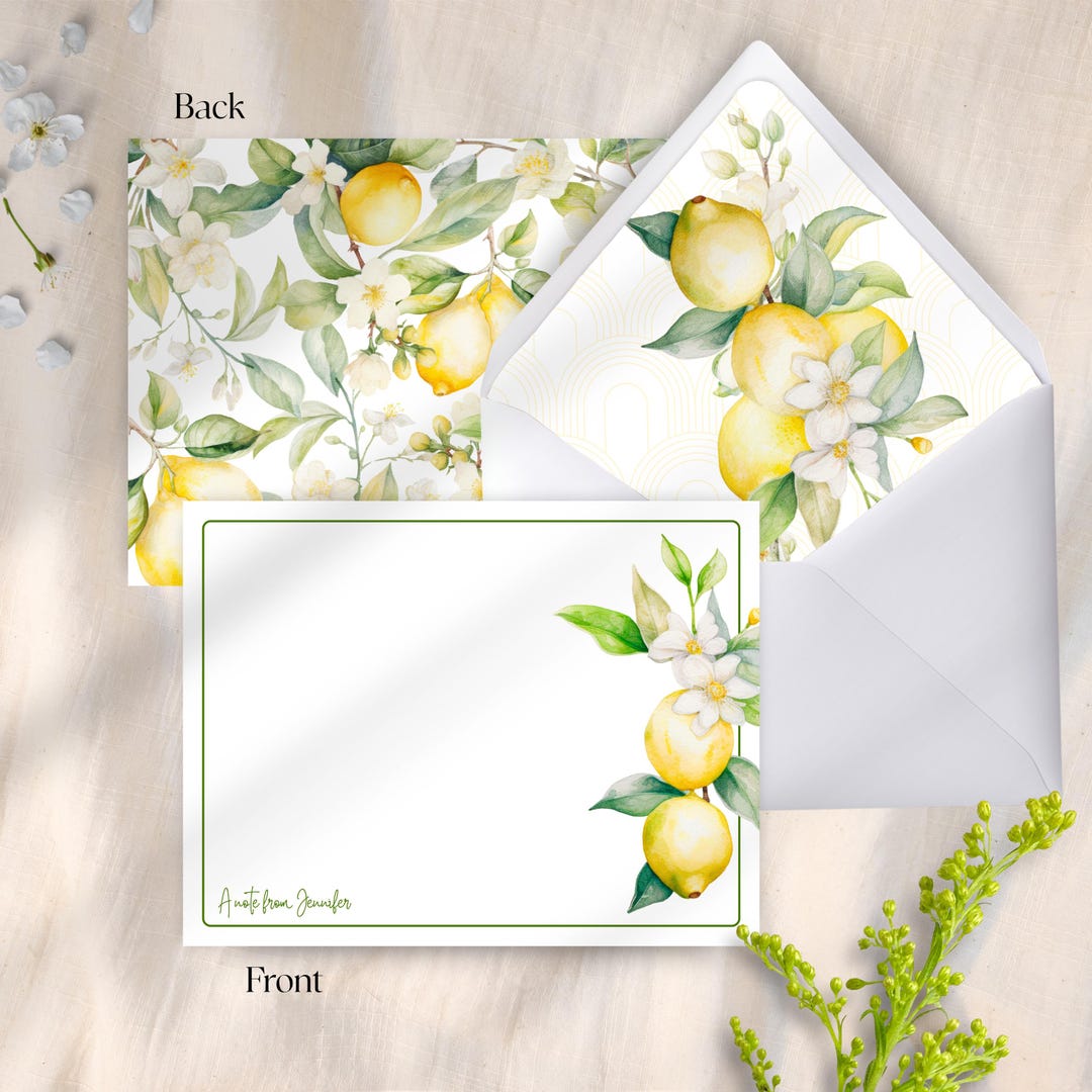 Watercolor Floral Lemon Custom Stationery Gift, Personalized Flat Note ...
