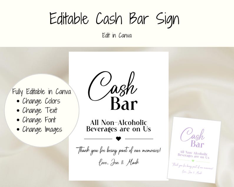 Editable Download Cash Bar Sign Template for Wedding, Anniversary or ...