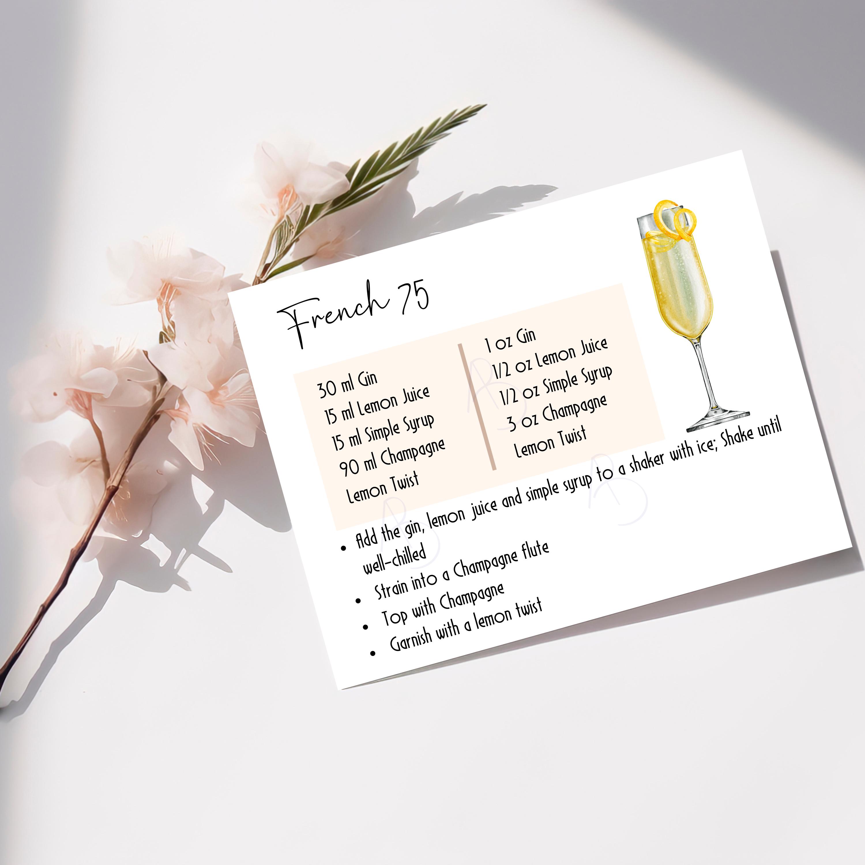French 75 Cocktail Recipe Card for Bachelorette Party Favor, Cocktail ...