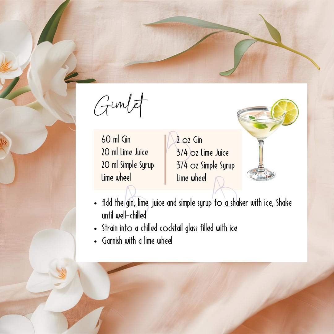 Gimlet Cocktail Recipe Card for Dinner Party Favor, Housewarming Gift ...