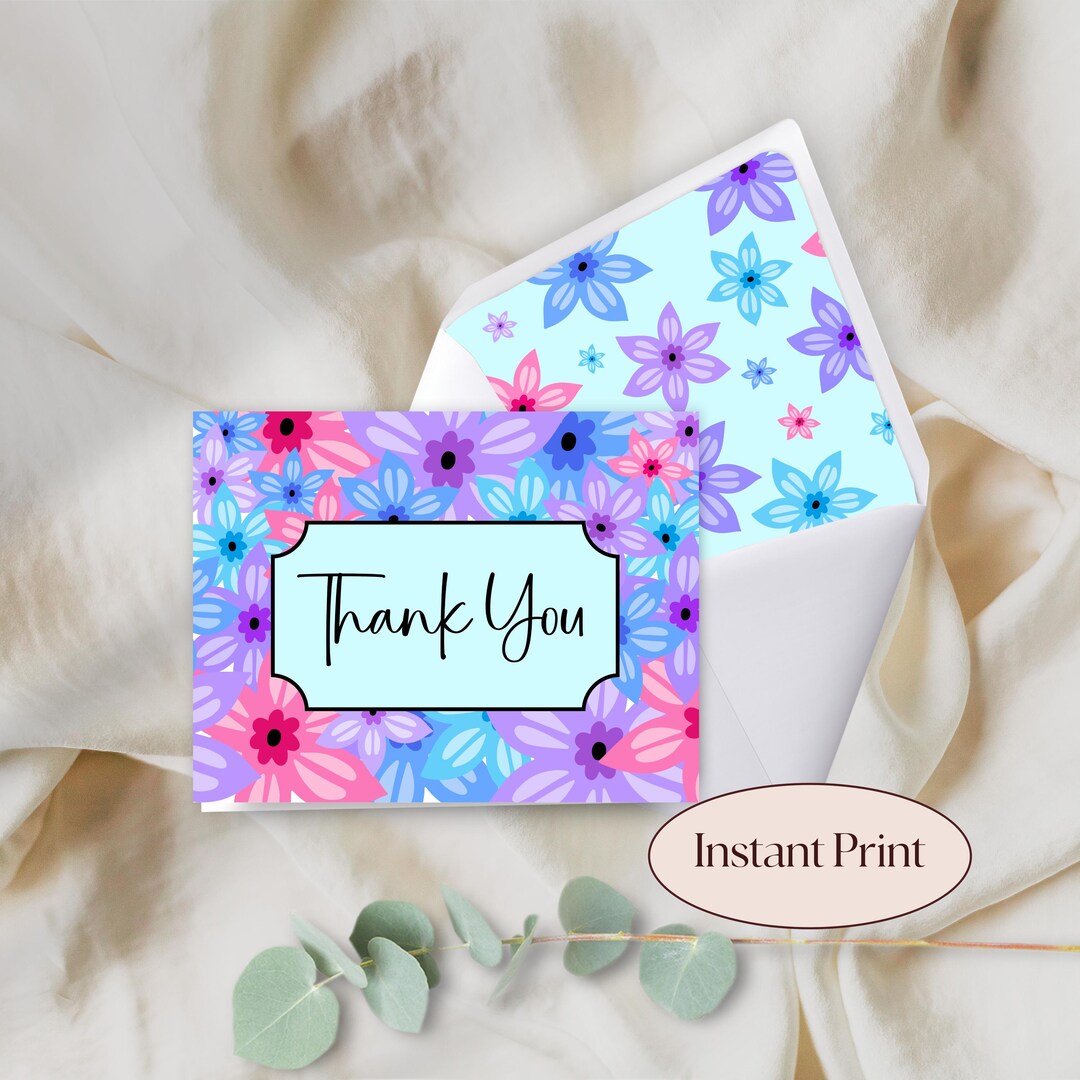 Flower Thank You Note Card Set Instant Download and PDF Print W ...