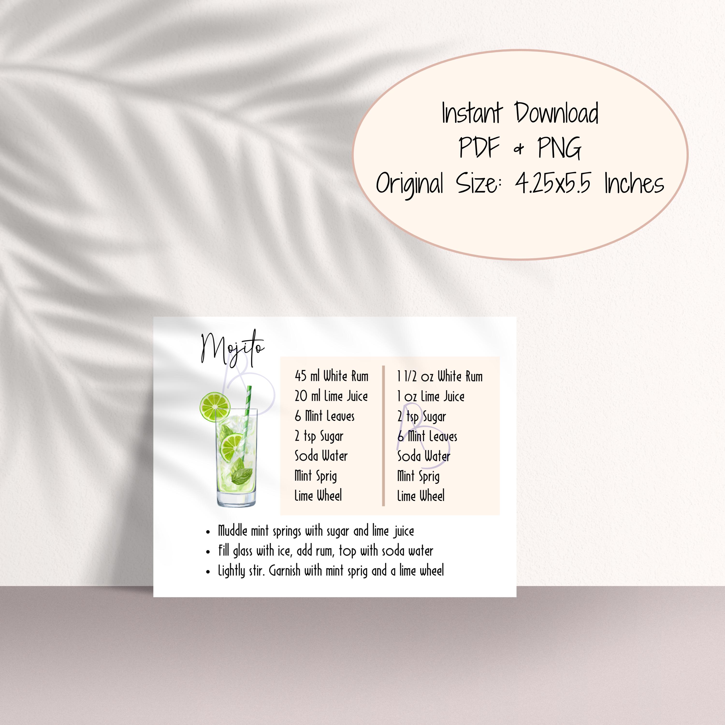 Mojito Recipe Card for Bachelorette Party Favor, Bar Cart Decor, or ...