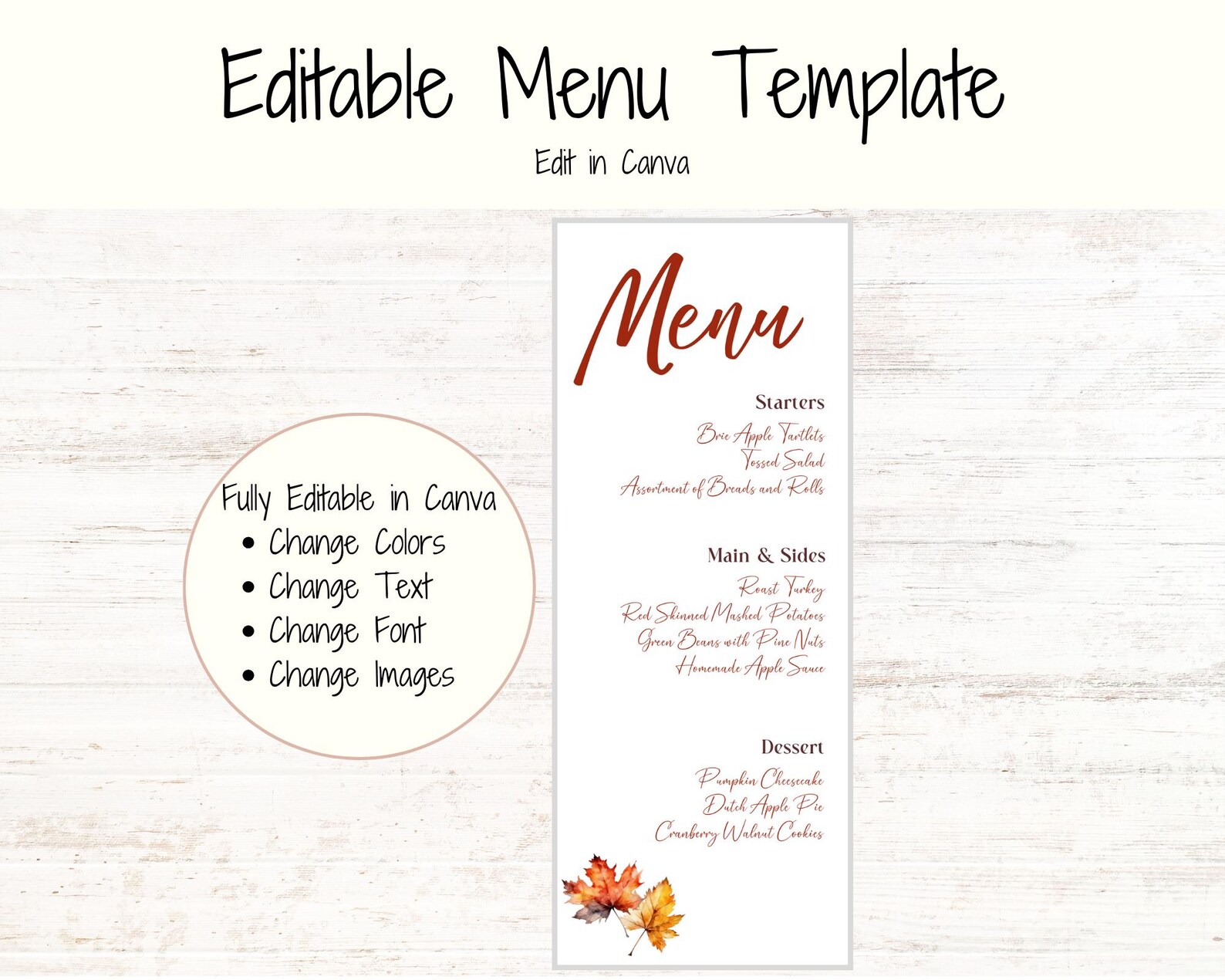 Fall Menu Template for Thanksgiving, Wedding or Other Dinner Party With ...