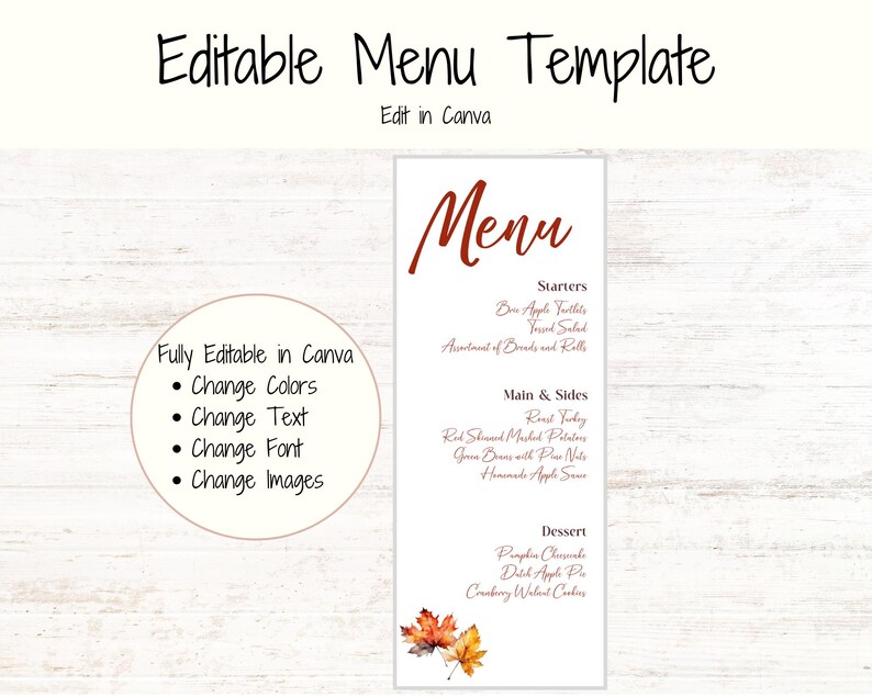 Fall Menu Template for Thanksgiving, Wedding or Other Dinner Party With ...