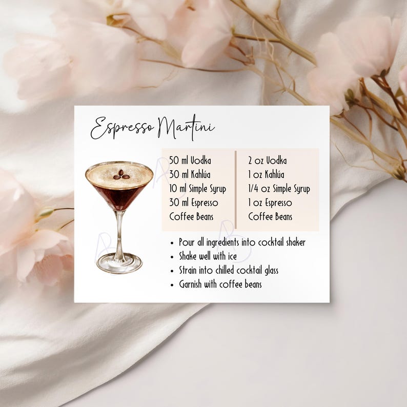 Espresso Martini Recipe Card for Bachelorette Party Favor, Bar Cart Art ...