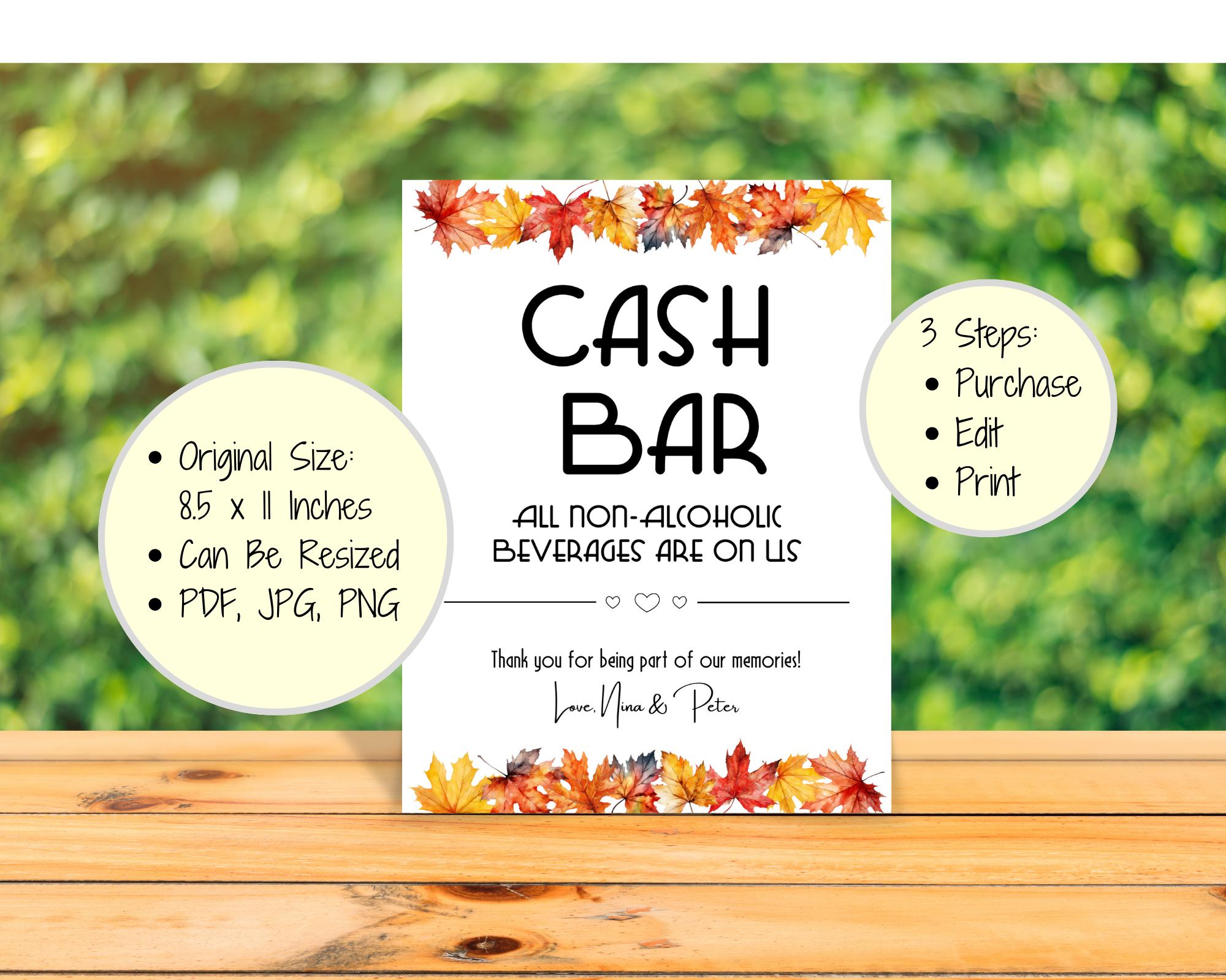 Editable Fall Cash Bar Sign Template for Wedding, Anniversary or Other ...