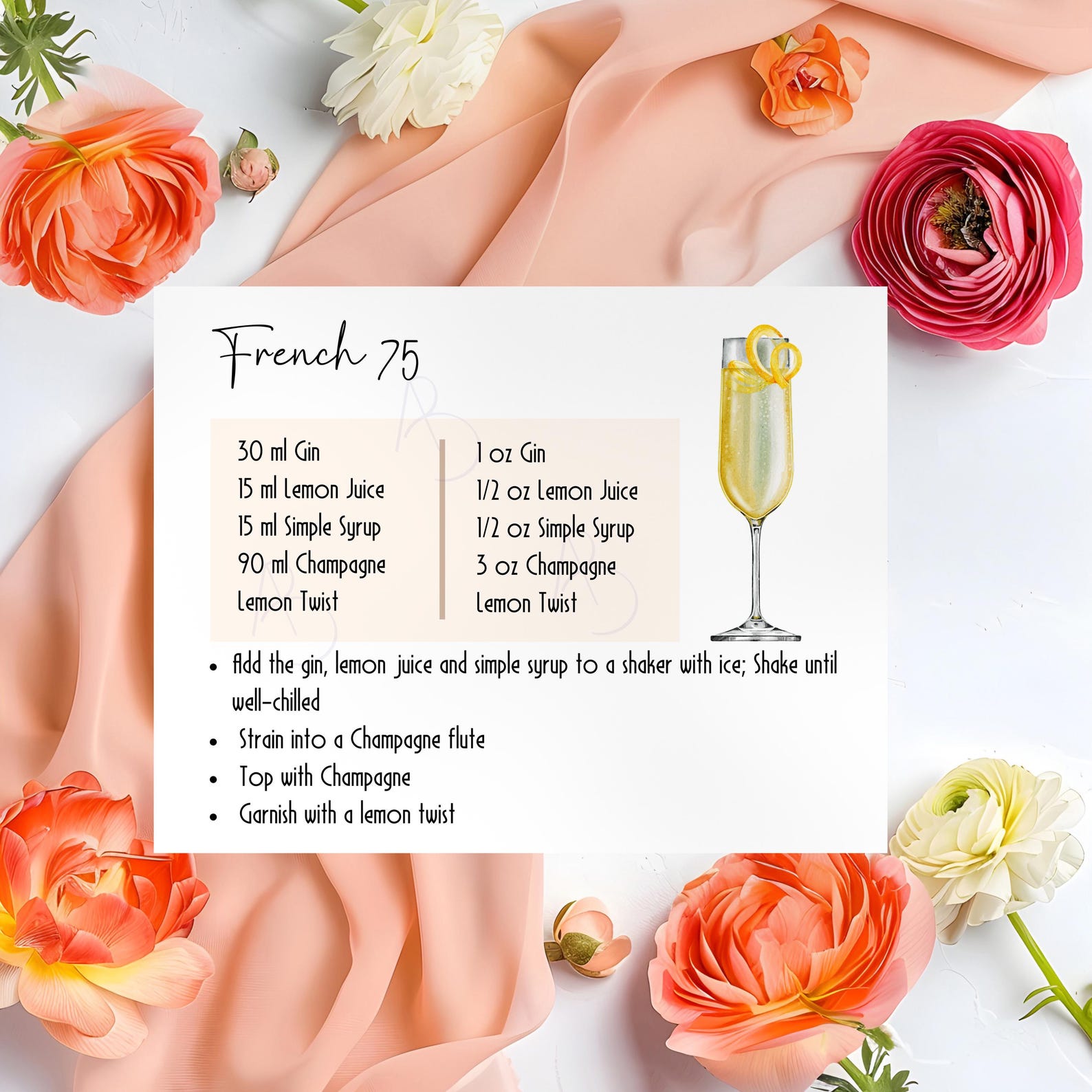French 75 Cocktail Recipe Card for Bachelorette Party Favor, Cocktail ...