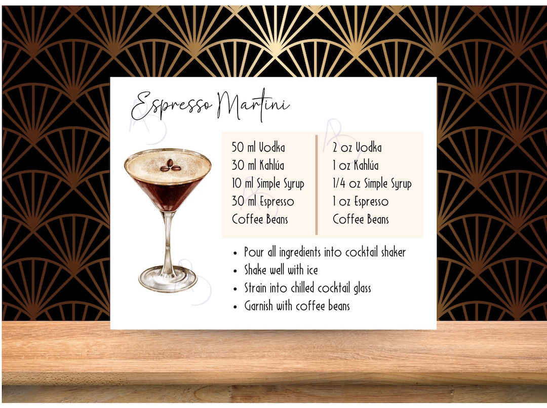 Espresso Martini Recipe Card for Bachelorette Gift, Bar Cart Accessory ...