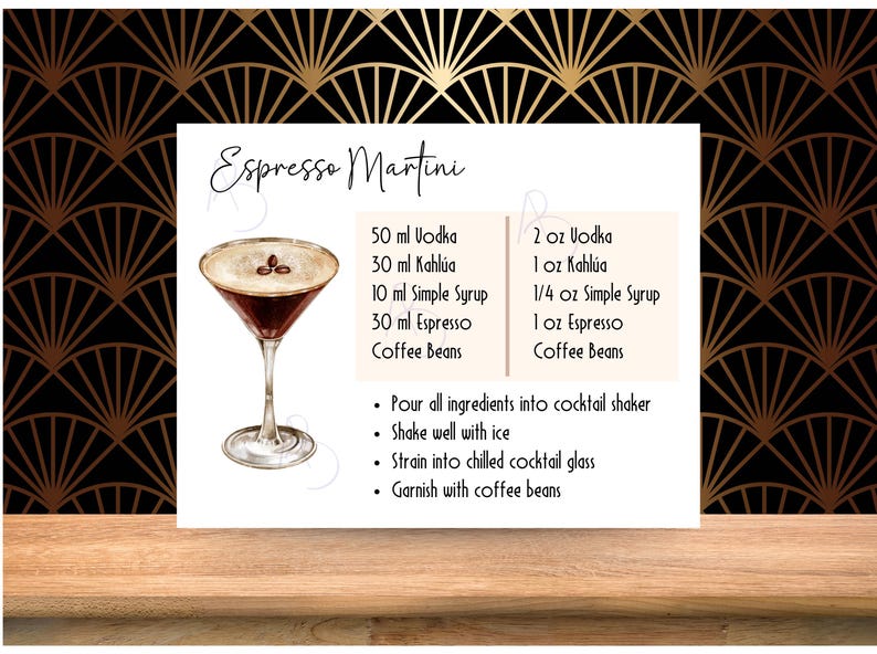 Espresso Martini Recipe Card for Bachelorette Gift, Bar Cart Accessory ...