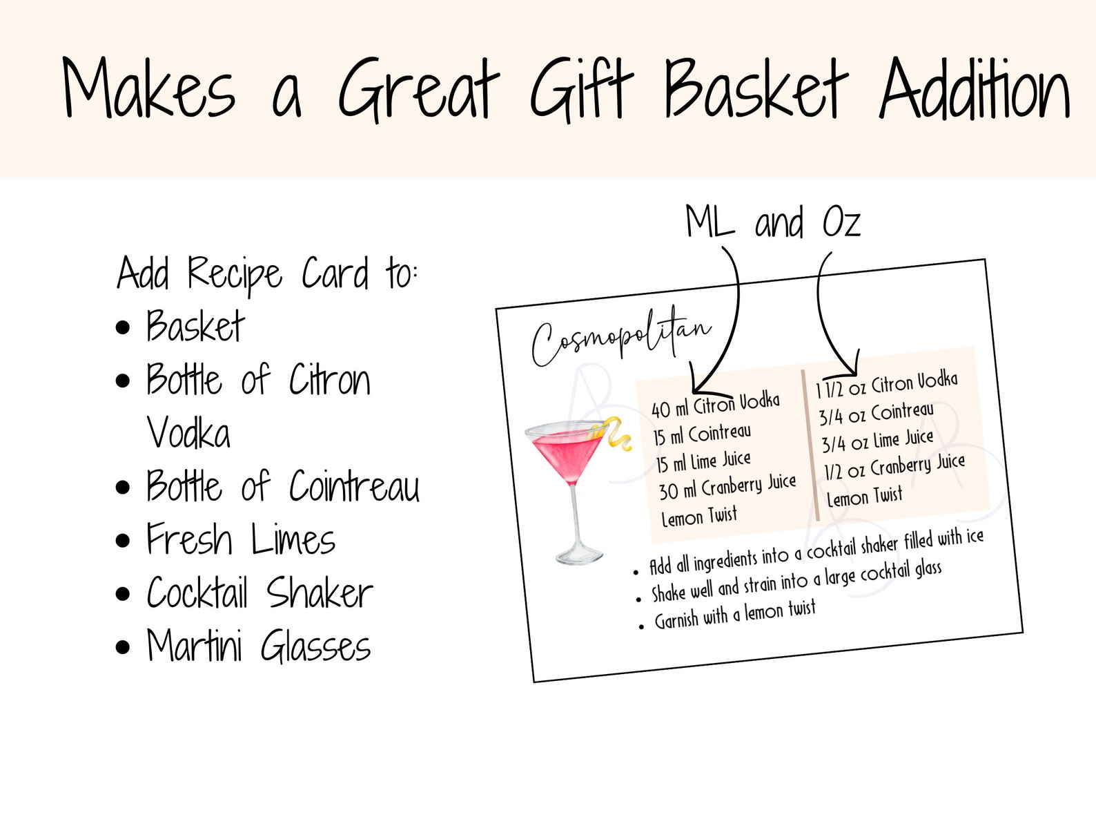 Cosmopolitan Recipe Card for Bachelorette Gift, Bar Cart Accessory, and ...