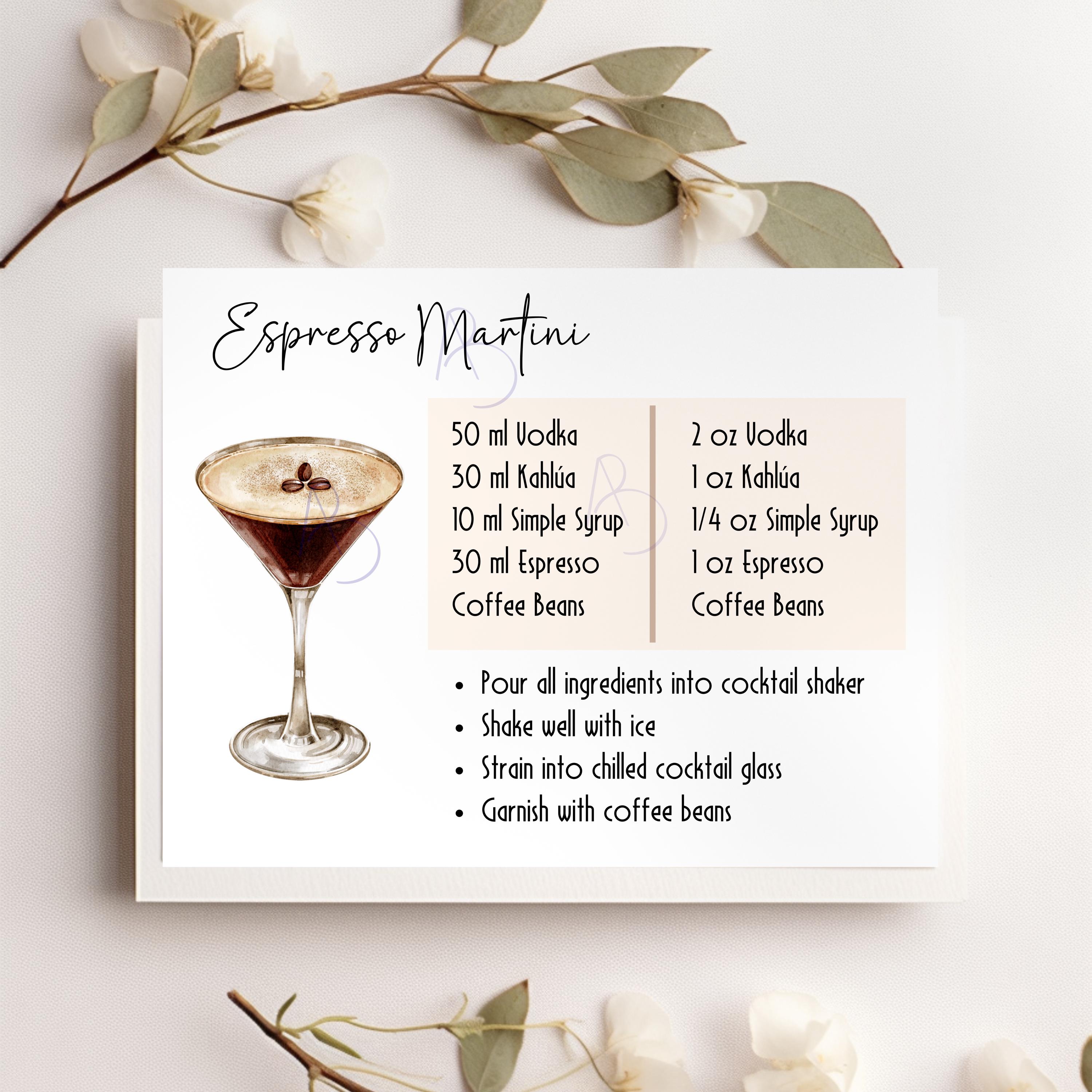 Espresso Martini Recipe Card for Bachelorette Party Favor, Bar Cart Art ...