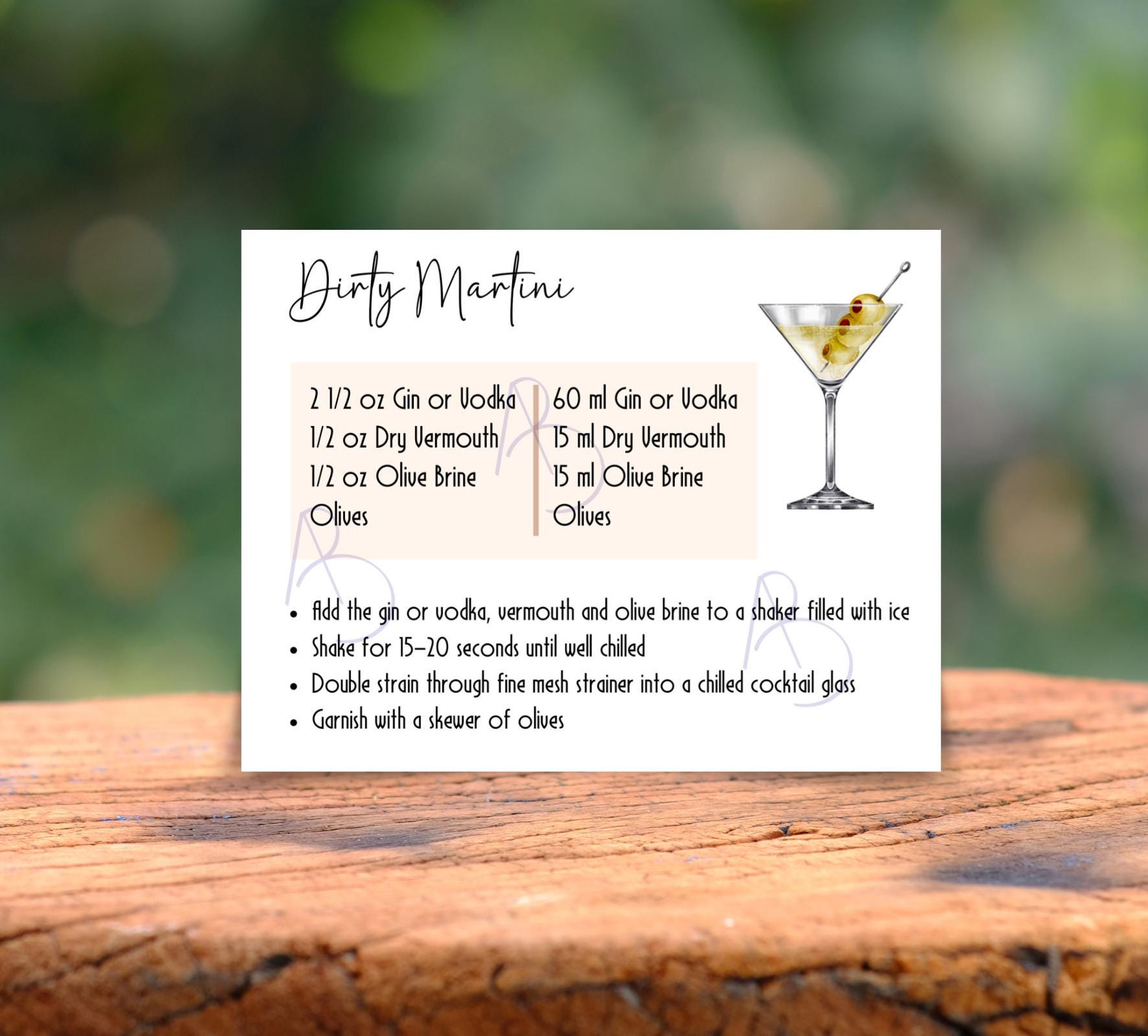 Dirty Martini Recipe Card for Bachelor Gift, Birthday Gift, Bar Cart ...
