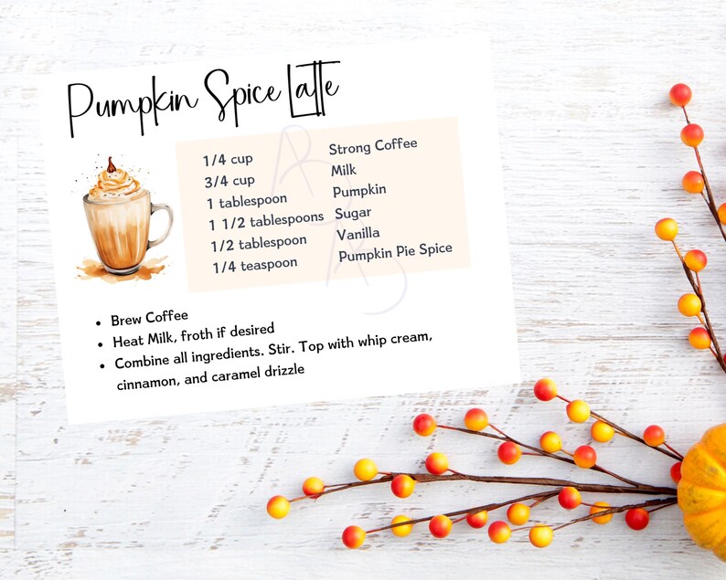 Pumpkin Spice Latte Recipe and PSL Prints for Fall Coffee Bar Decor, 3 ...