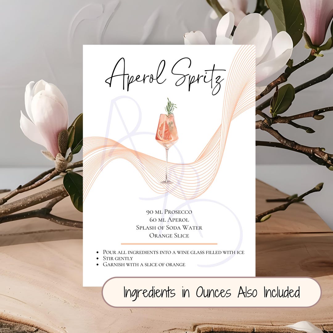 Aperol Spritz Print, Recipe Card for Bar Cart Art, Bachelorette Party ...