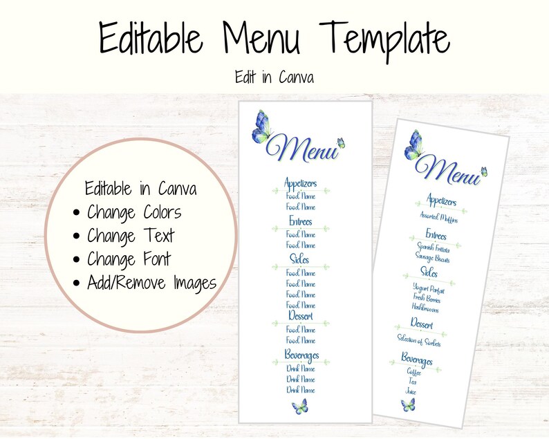 Butterfly Menu Template for Brunch Garden Party, Birthday, Bridal or ...