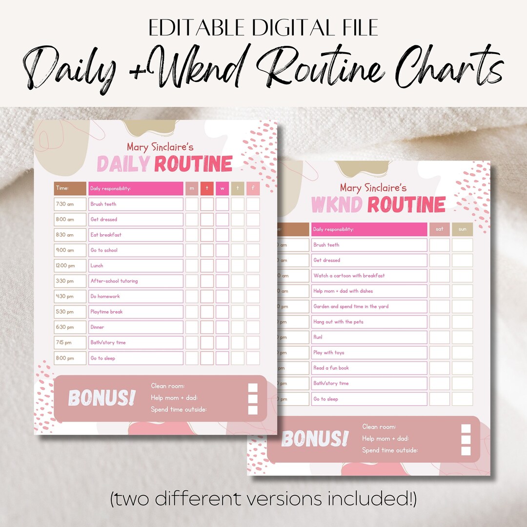 Girls Editable Chore Chart Printable Child Daily Routine Schedule ...