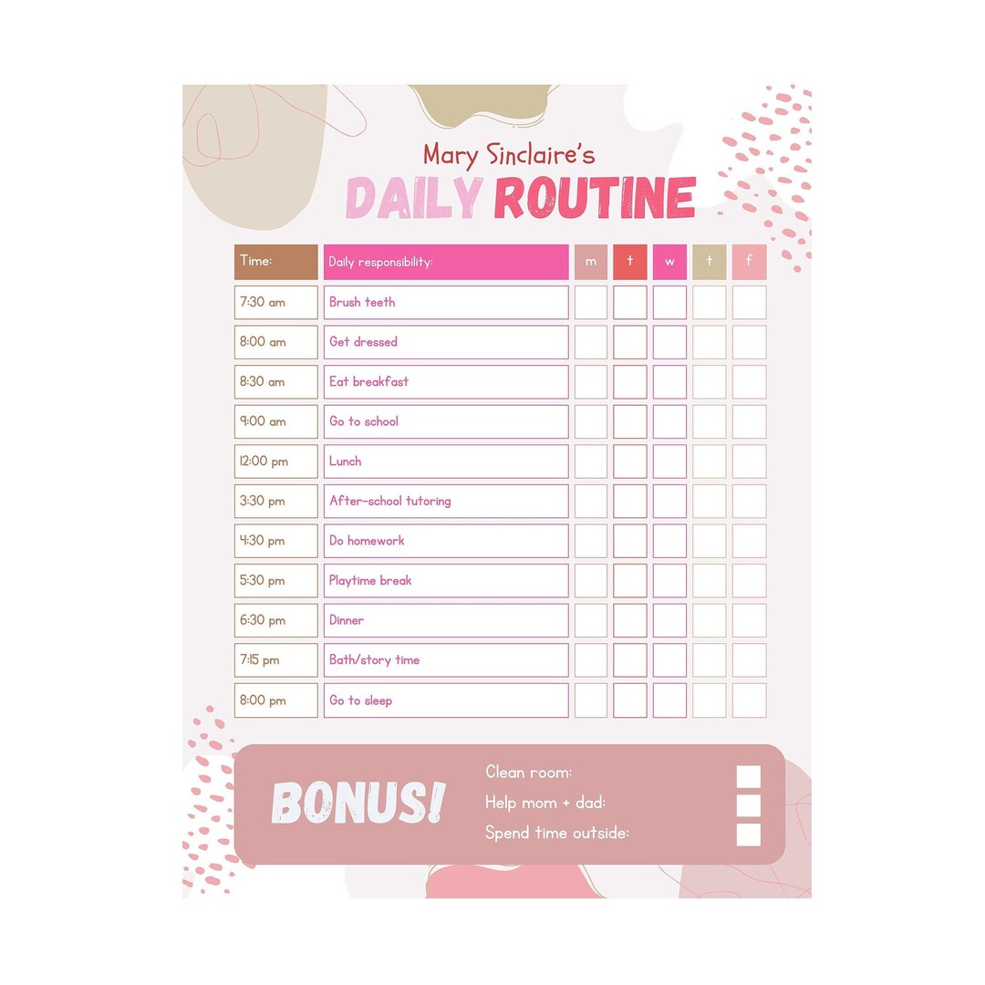 Girls Editable Chore Chart Printable Child Daily Routine Schedule ...