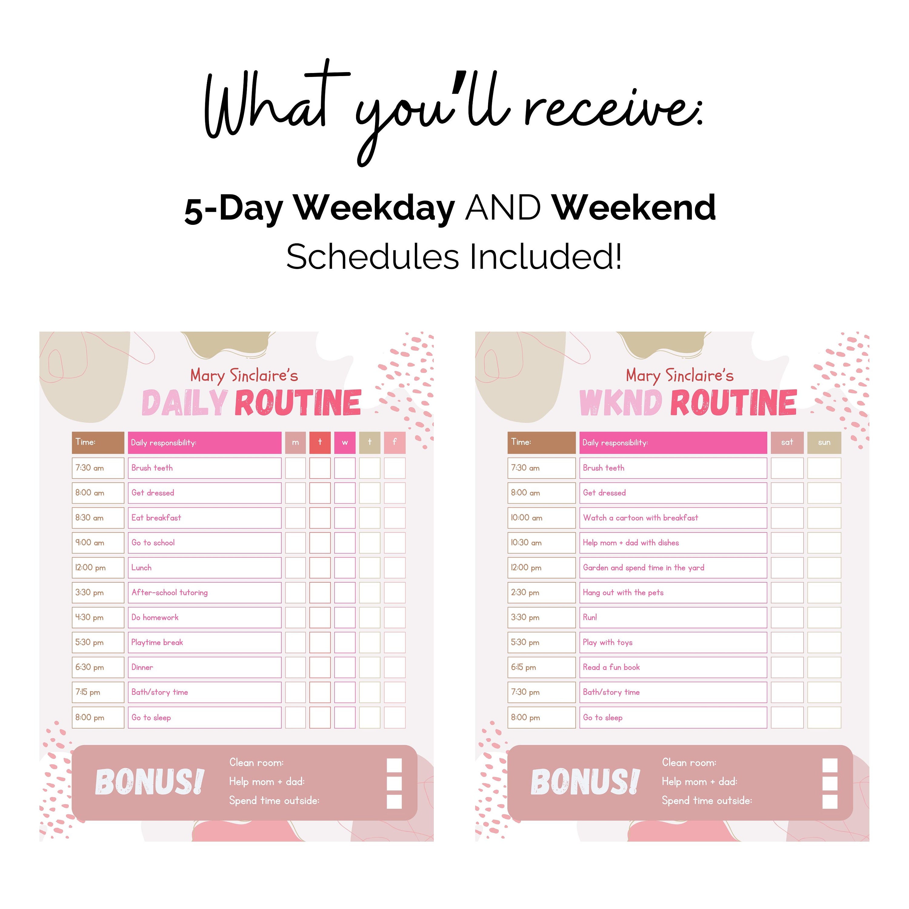 Girls Editable Chore Chart Printable Child Daily Routine Schedule ...