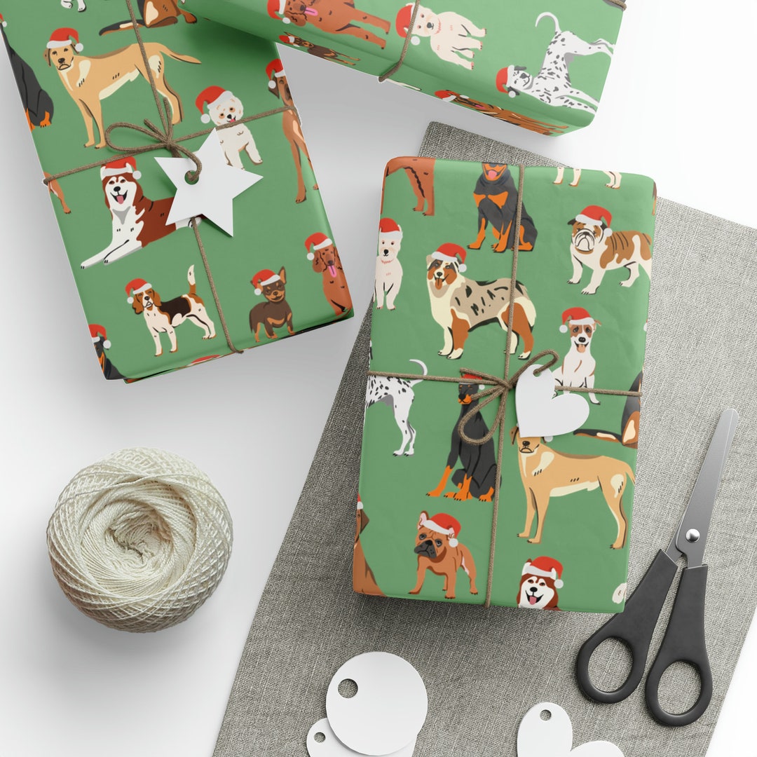 Dog Christmas Wrapping Paper Santa Hat Canine Gift Wrap, Festive ...