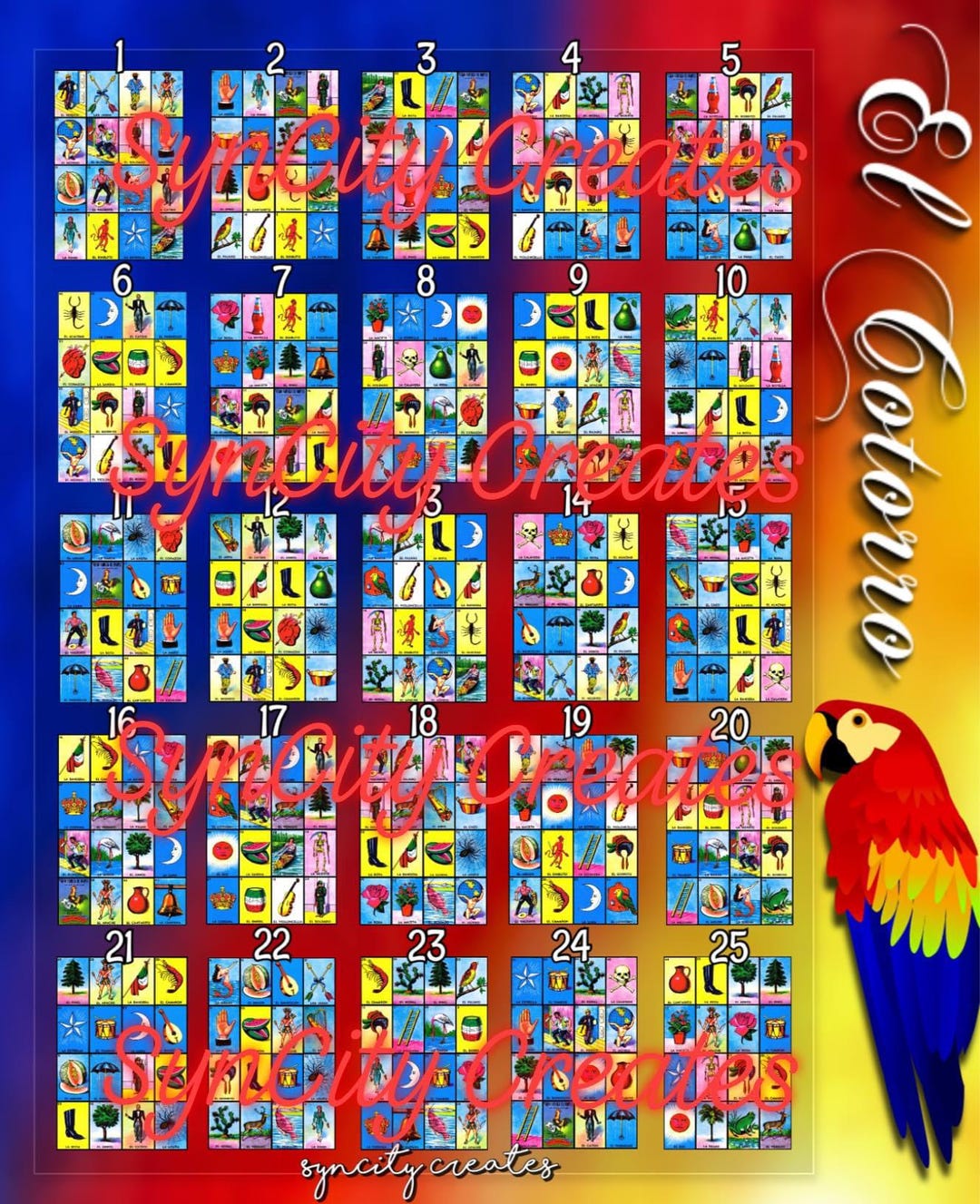El Cotorro Loteria Board | 25 Numbers | Full Cards | First to Fill ...