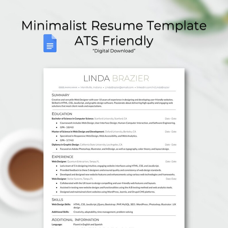 Minimalist ATS Friendly Resume Template in Google Docs, Modern and ...