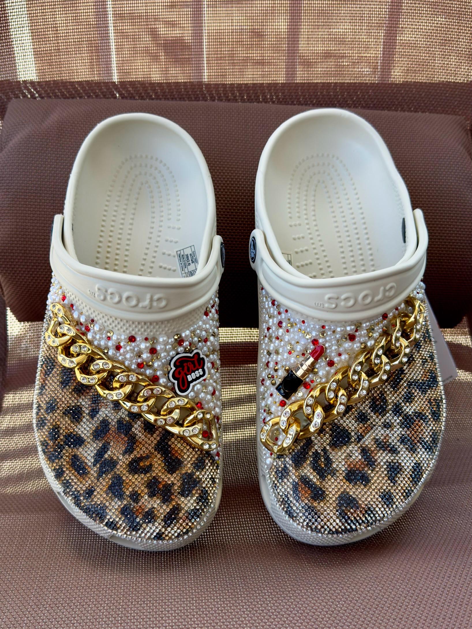 Blingedout Crocs- Leopard Print-bone White Custom Crocs - Etsy