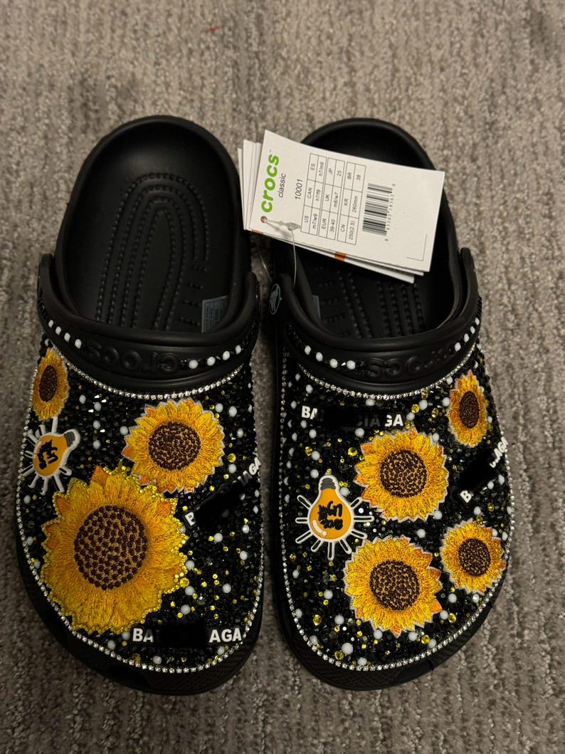 Bedazzled Sunflower Inspired Black Crocs - Etsy