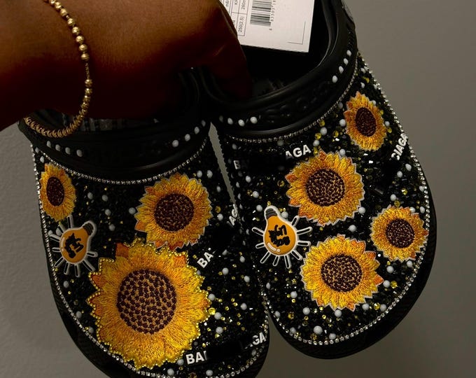Bedazzled Sunflower Inspired Black Crocs - Etsy