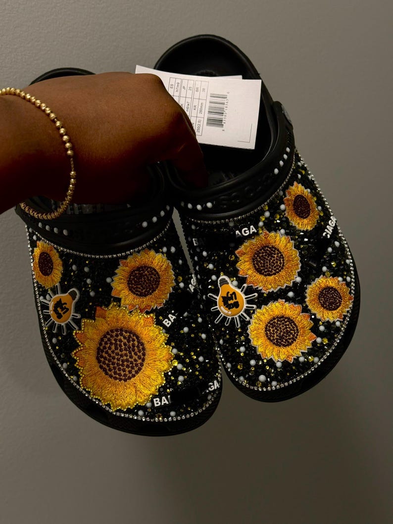Bedazzled Sunflower Inspired Black Crocs - Etsy