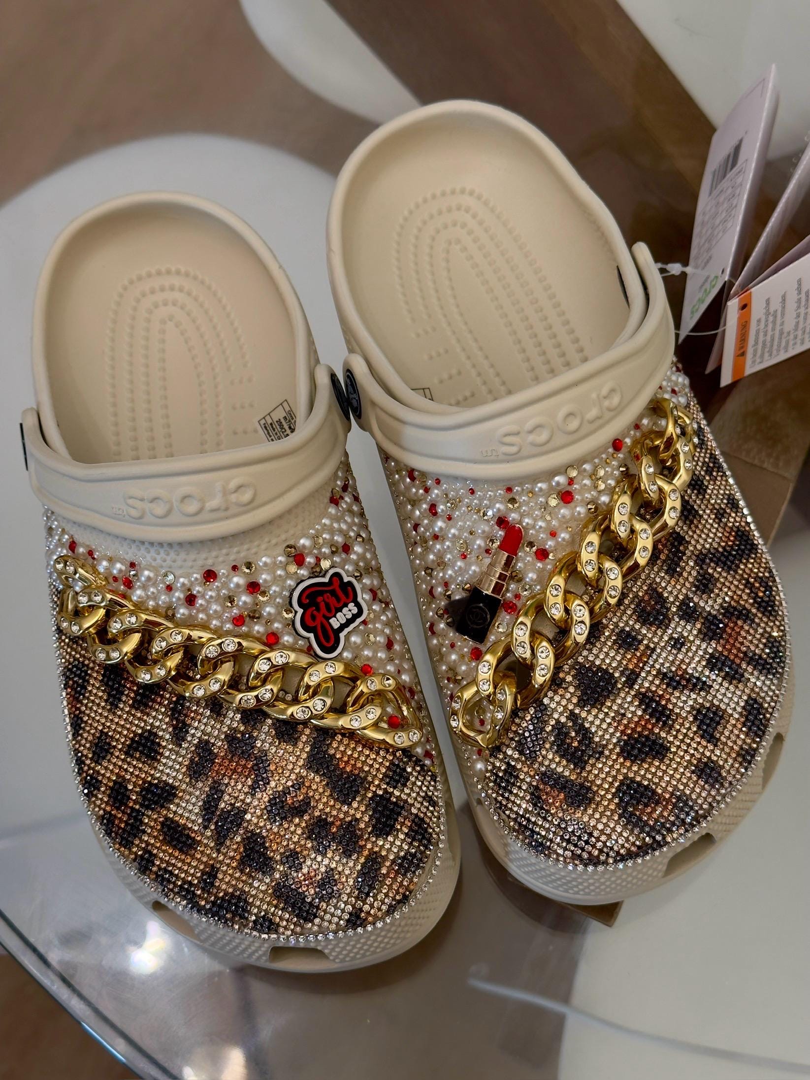 Blingedout Crocs- Leopard Print-bone White Custom Crocs - Etsy