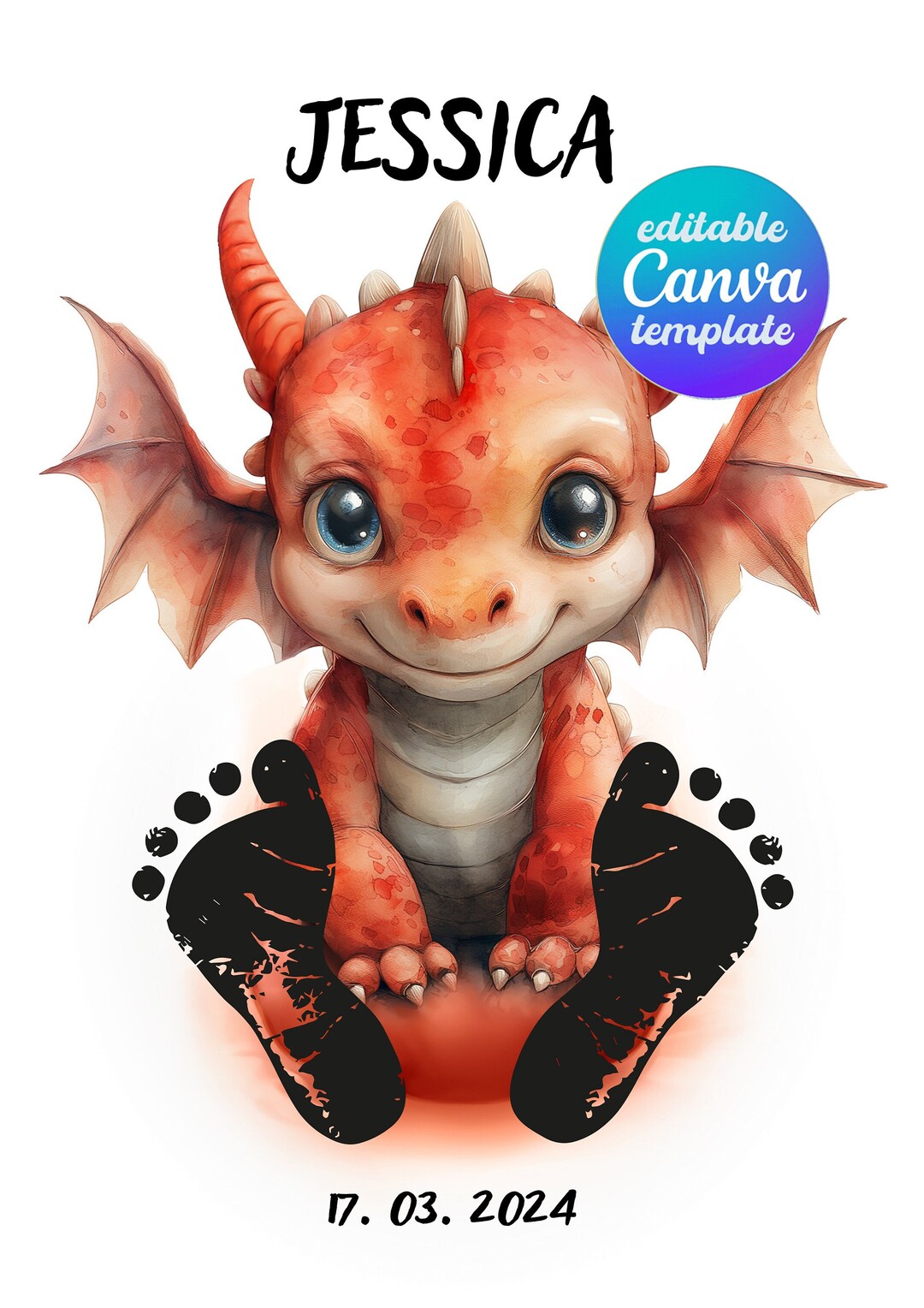 Baby's First Footprint Art, Personalized Baby Art, Nursery Art, DRAGON ...