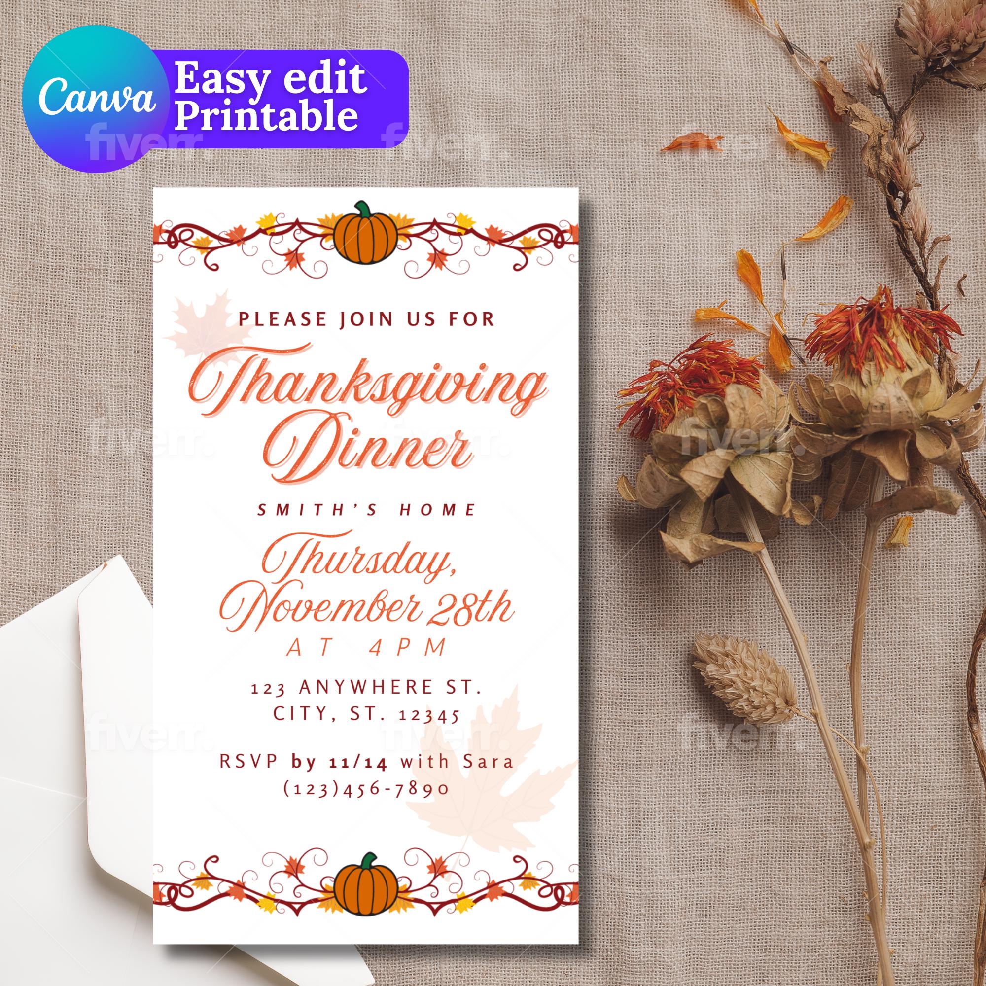 Editable Thanksgiving Dinner Invitation: Printable Canva Template ...