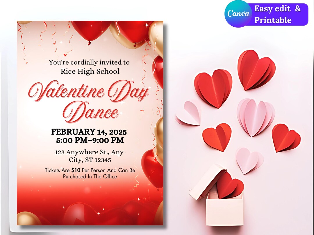 Valentine's Day Dance Flyer: Editable School Invitation (canva Template ...