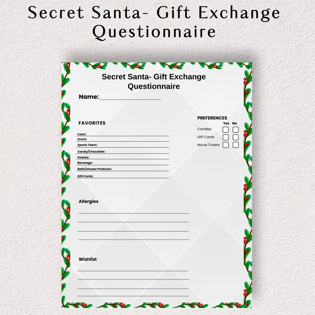 Printable Secret Santa Questionnaire for Work/office/family Gift ...