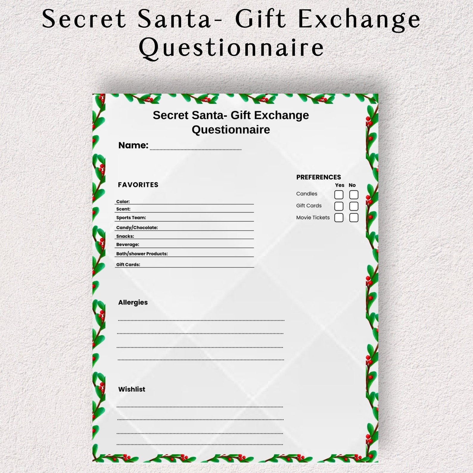 Printable Secret Santa Questionnaire for Work/office/family Gift ...