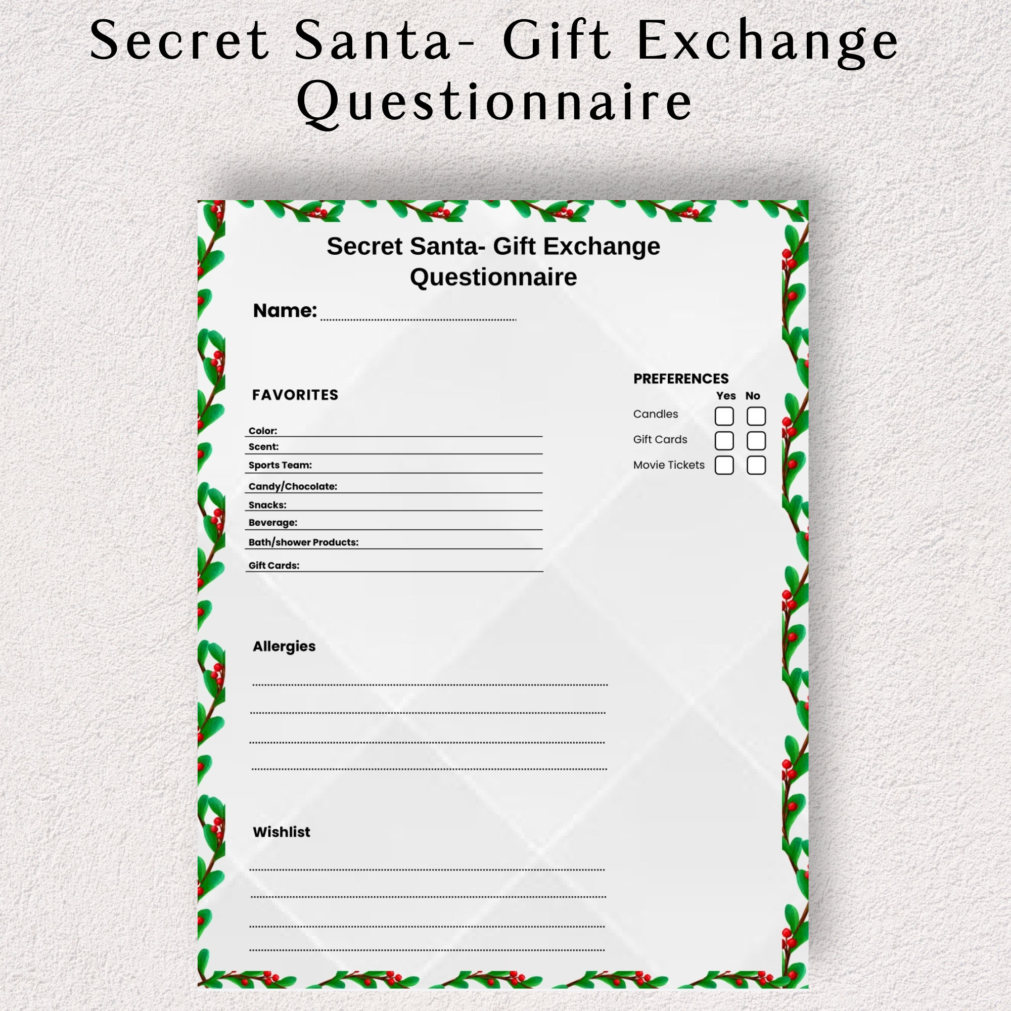 Printable Secret Santa Questionnaire for Work/office/family Gift ...