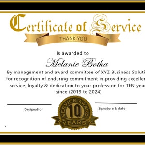 Certificate Template: 10 Years of Service - Etsy