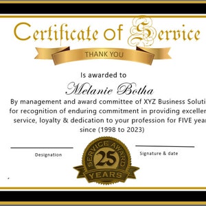 Certificate Template: 25 Years of Service - Etsy