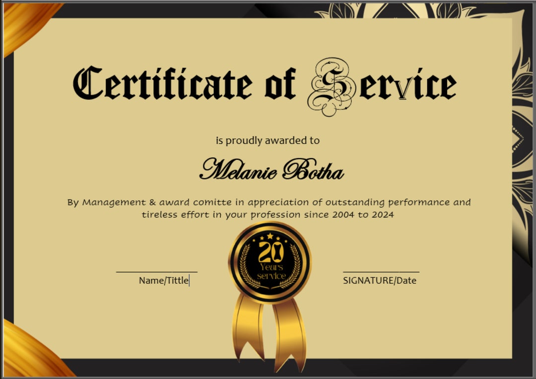 Certificate Template: 20 Years of Service - Etsy