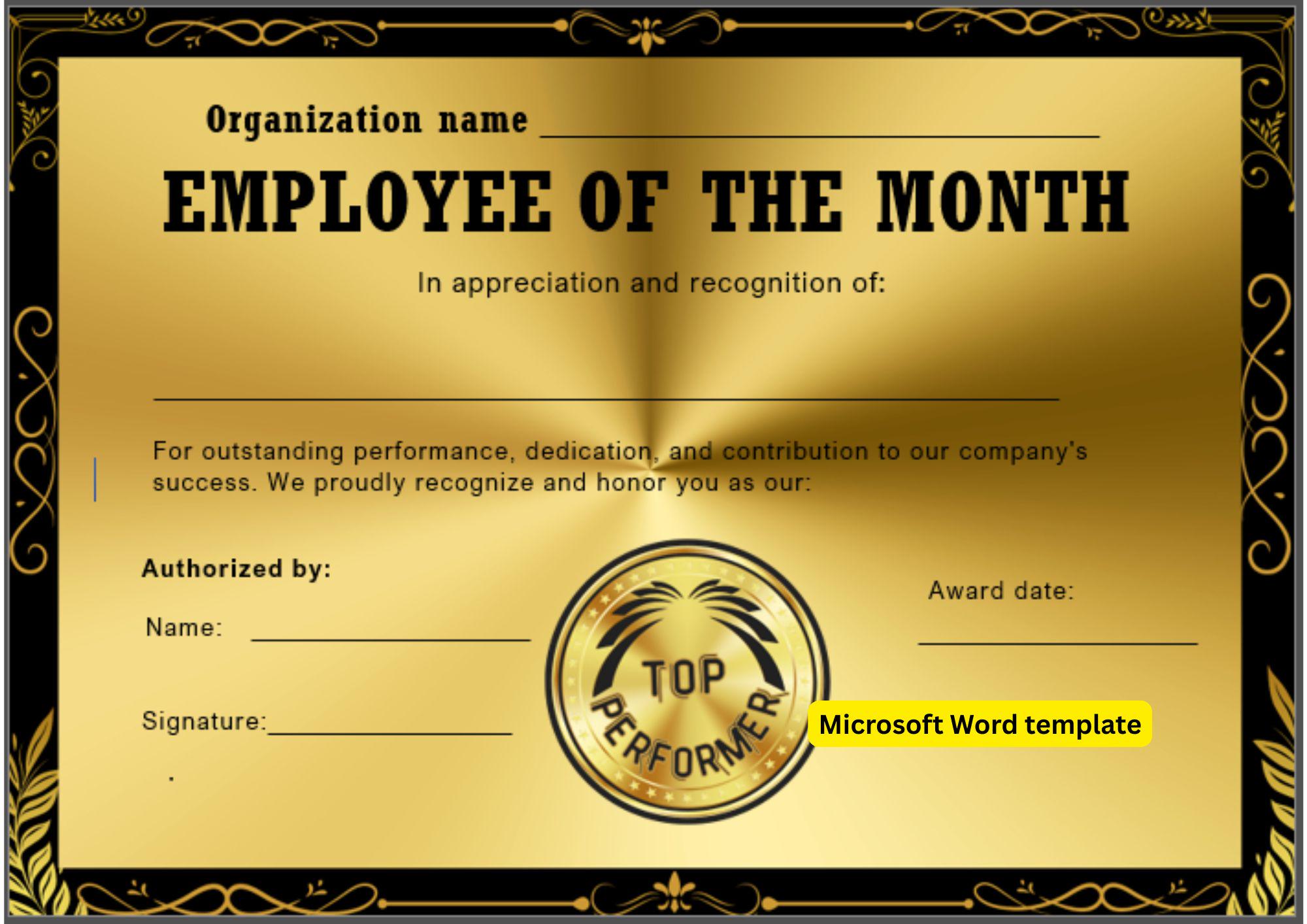Employee of the Month | Top Achiever | Editable Microsoft Word ...