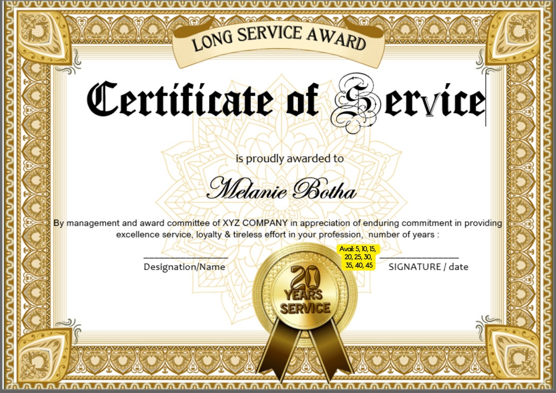 20 Years Service - Certificate in Ms Word - Etsy
