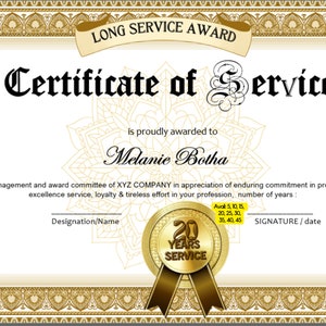 20 Years Service - Certificate in Ms Word - Etsy