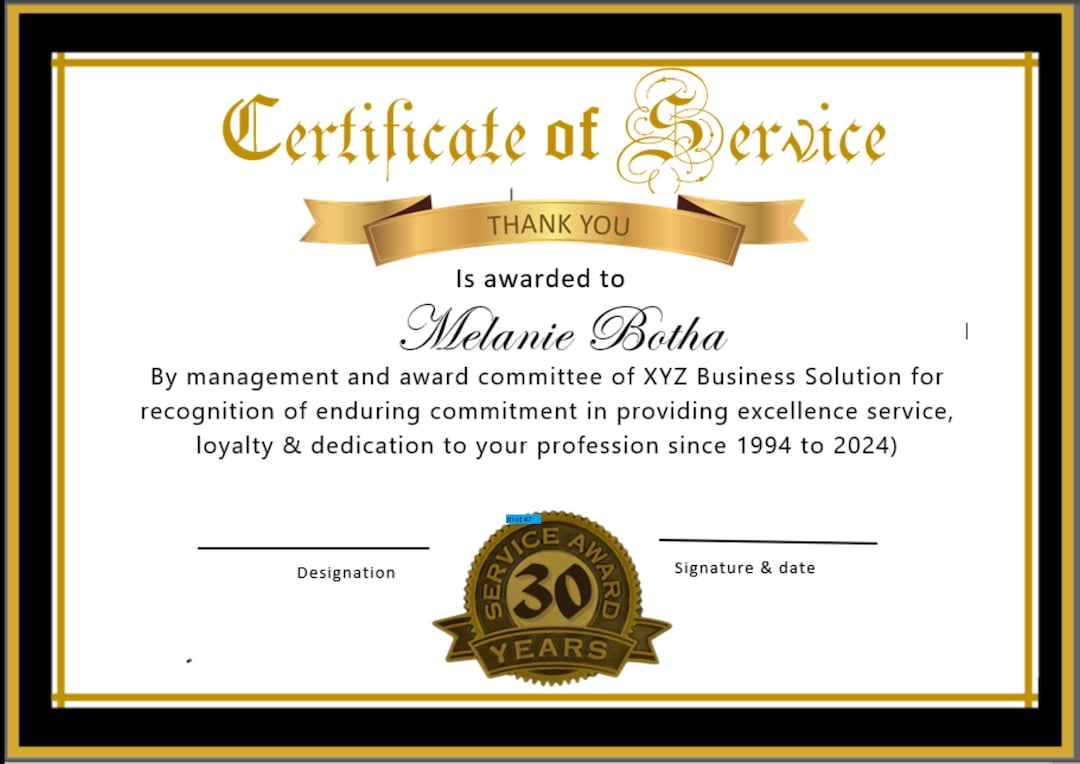 30 Years Service - Certificate Template in Ms Word - Etsy