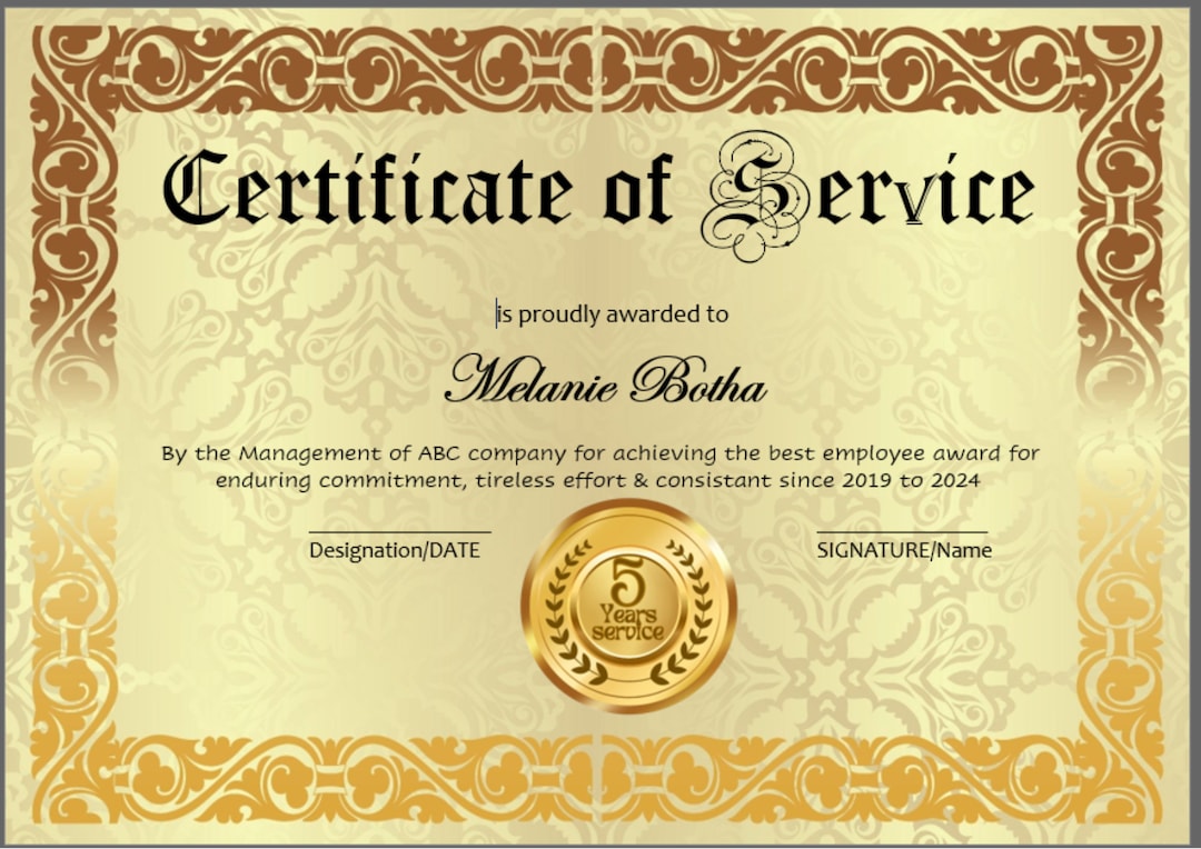 05 Years of Service Certificate Template. - Etsy