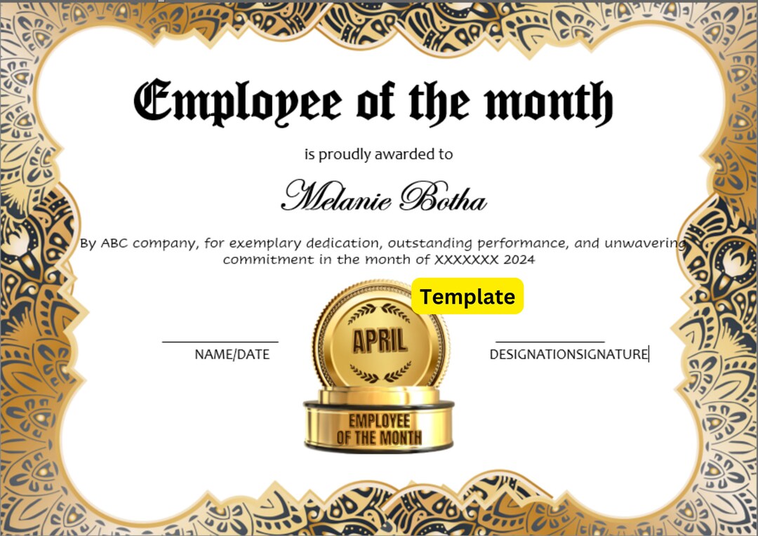 April Employee of the Month Certificate Template in Ms Word - Etsy