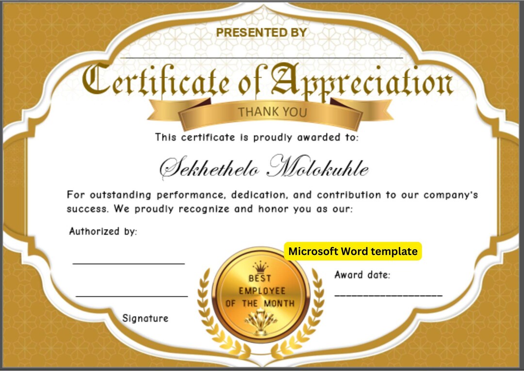 Employee of the Month Appreciation - Editable Microsoft Word Template ...