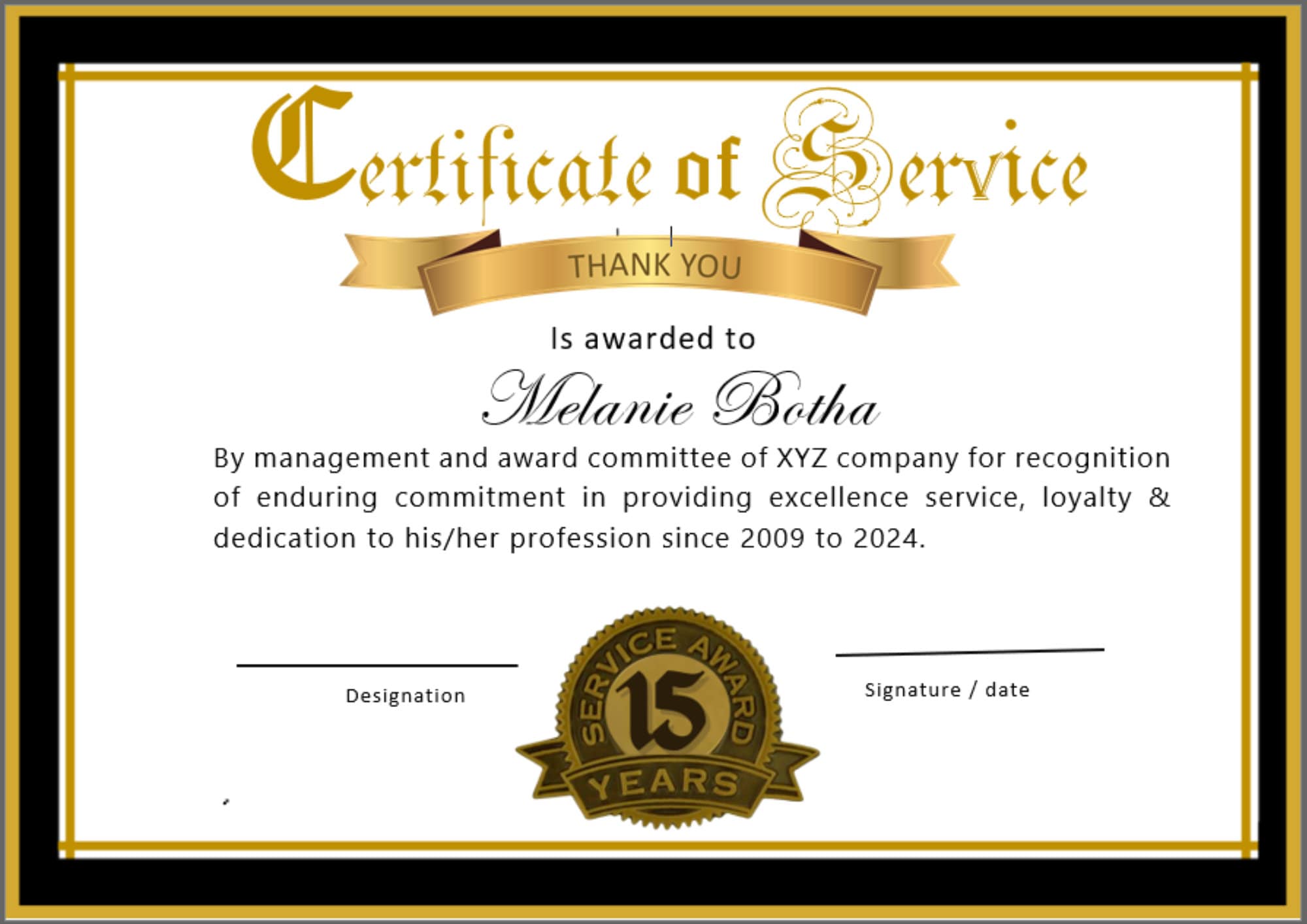 15 Years of Service Certificate Template in Ms Word - Etsy