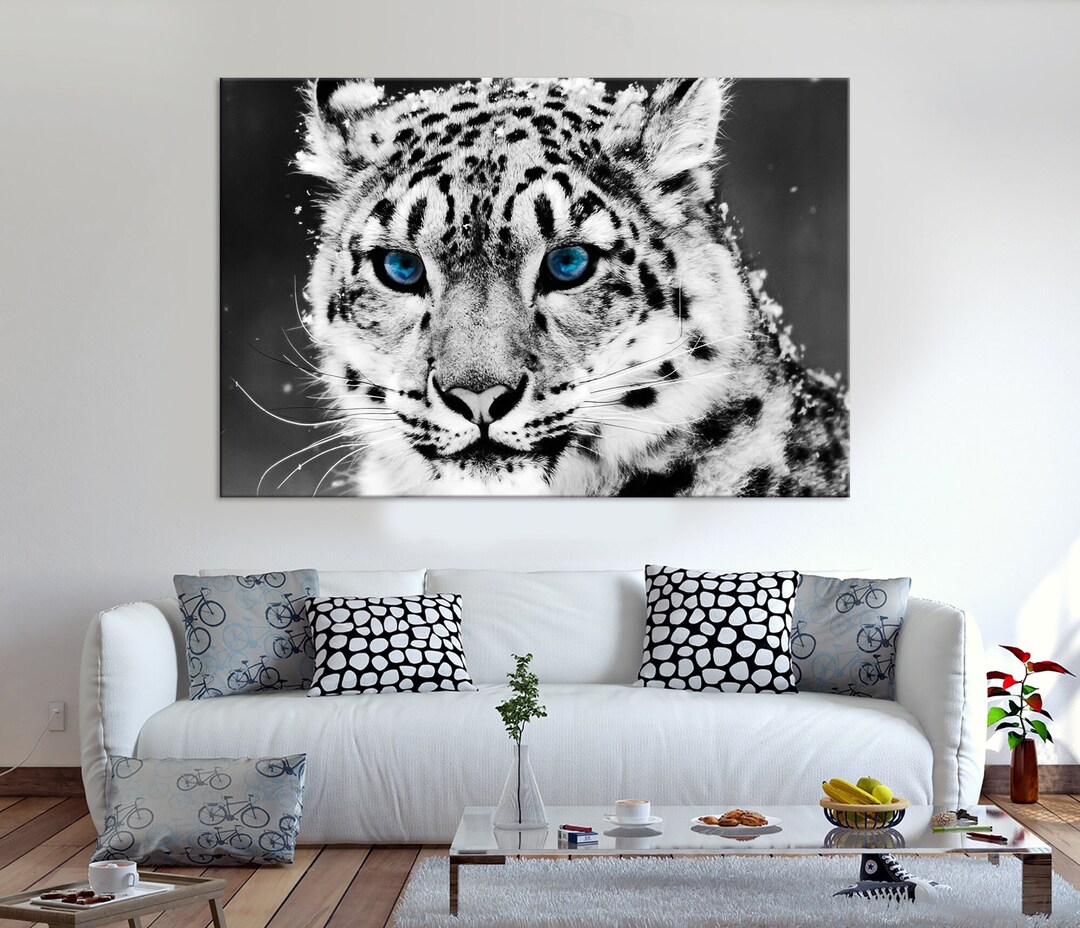 Snow Leopard Canvas Wall Art – Black and White Wildlife Portrait With ...